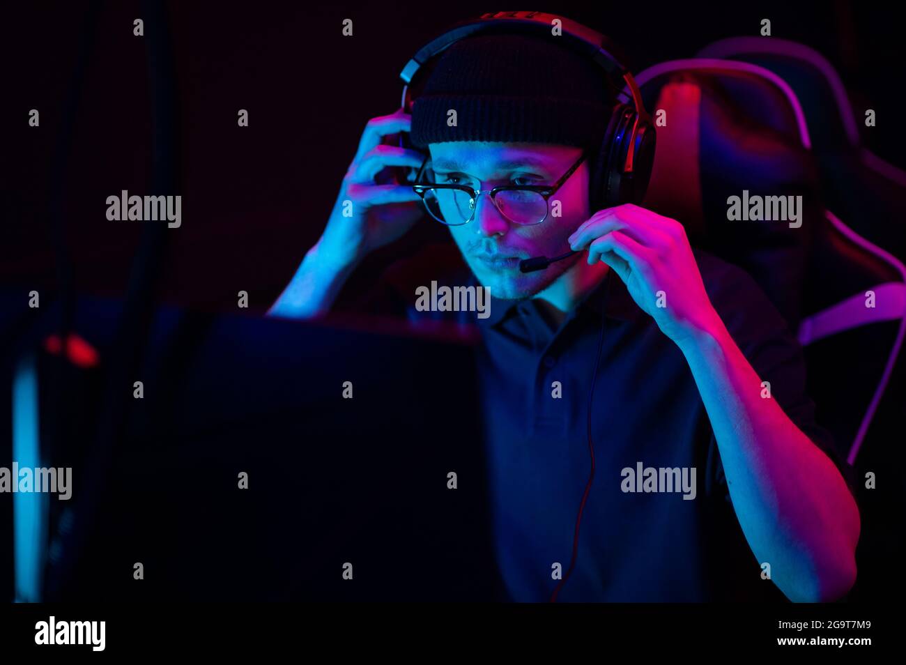 Close-up of the face of a professional video game player at an esports ...