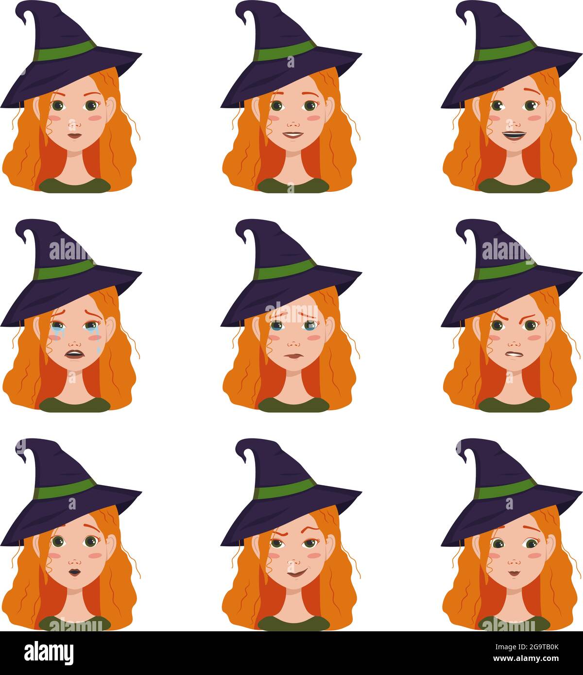 Set of facial expressions of a woman with red hair in a pointed witch ...