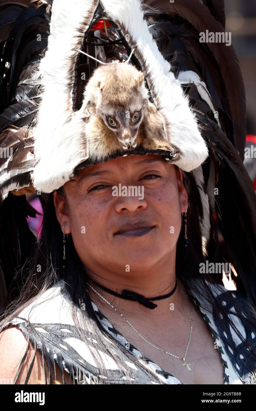 Mexico City, Mexico. 26th July, 2021. Pre-Hispanic dancers, musicians ...