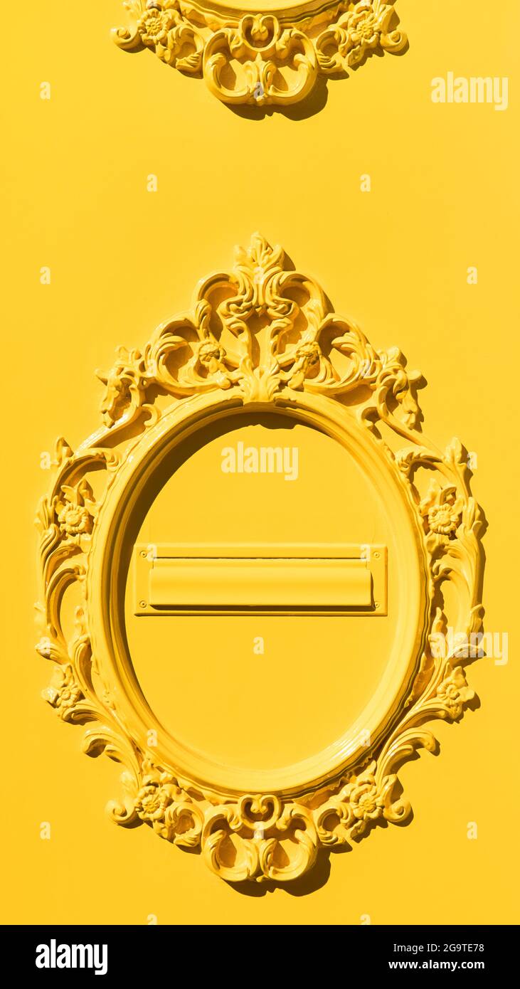 Yellow embellished metal door gate with mail slot, home front door ...