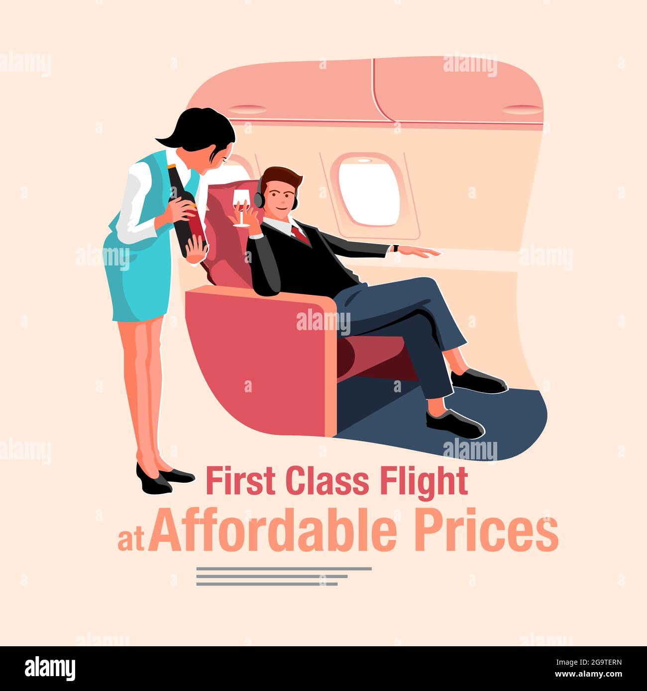 First Class Flight vector flat illustration for web page advertisement ...