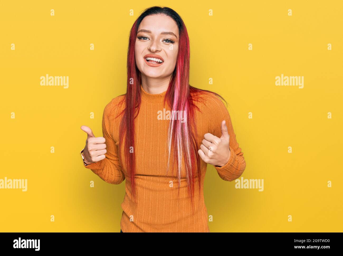 Young caucasian woman wearing casual clothes success sign doing ...