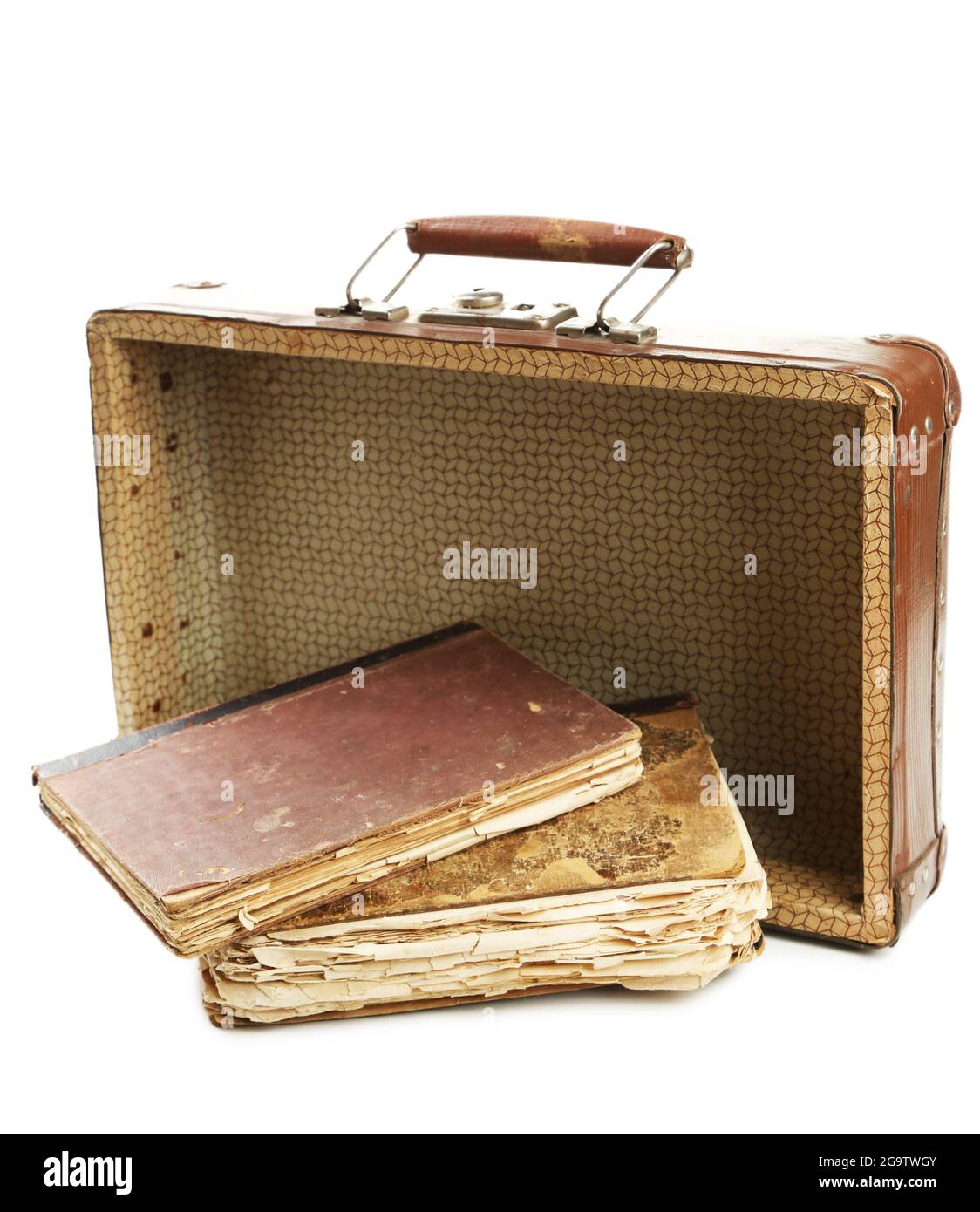 Old wooden suitcase with old books isolated on white Stock Photo - Alamy