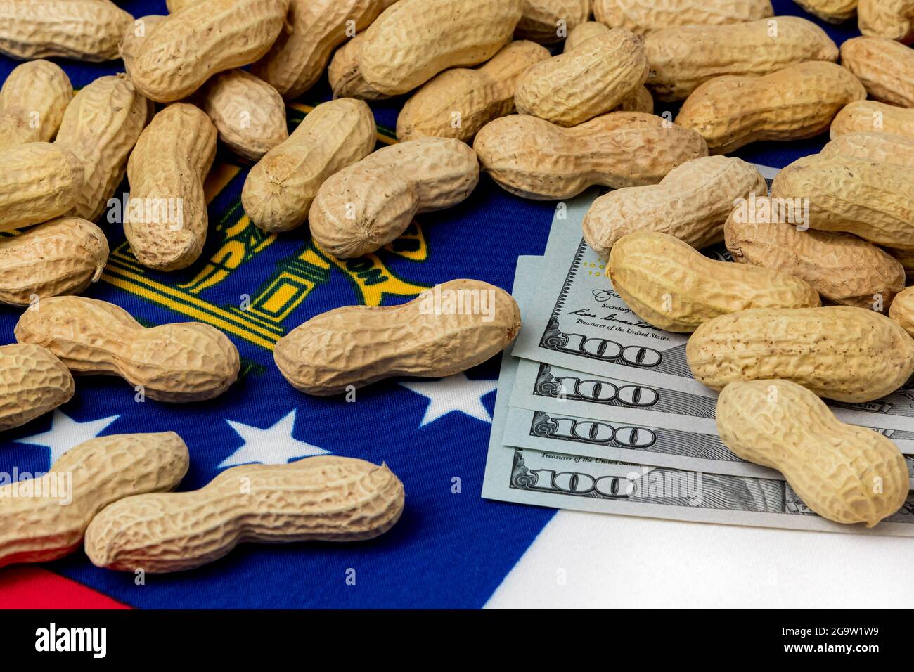 peanuts in shell on flag of Georgia with cash money. Concept of peanut ...