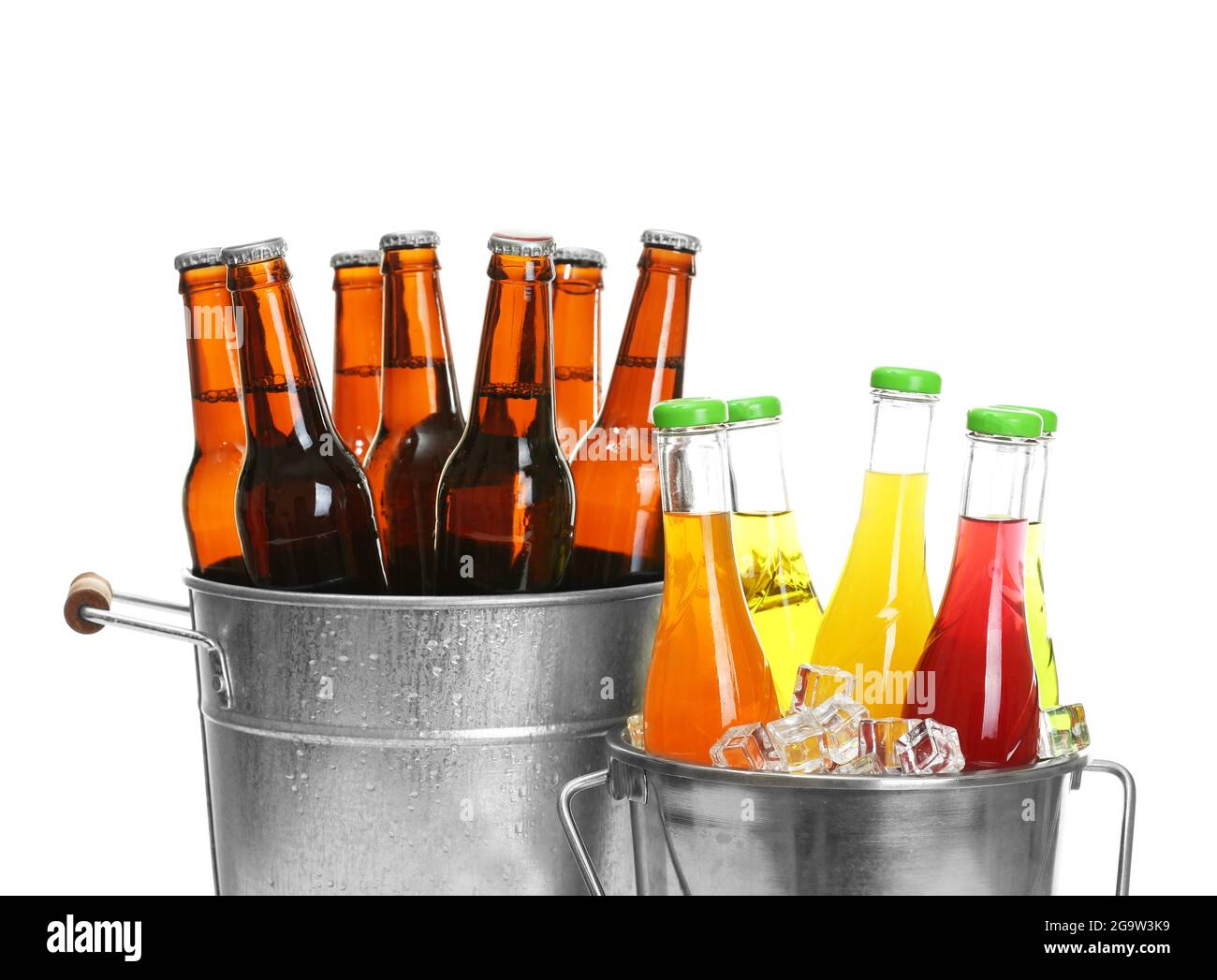 Glassware of different drinks in metal buckets isolated on white Stock ...