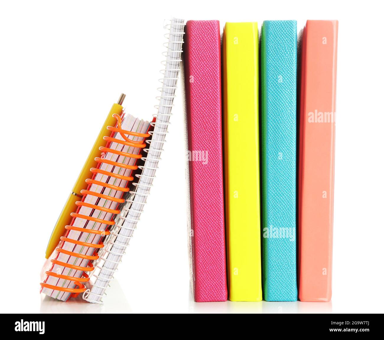 Colorful notebooks and pen, isolated on white Stock Photo - Alamy