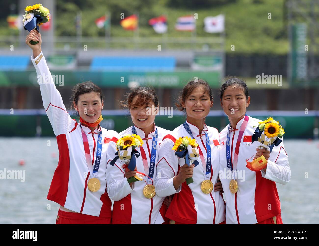 Tokyo, Japan. 28th July, 2021. Chinese rowers Chen Yunxia, Zhang Ling, Lyu Yang and Cui Xiaotong ...