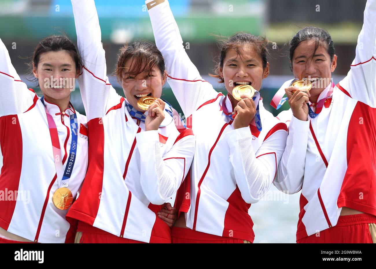 Tokyo, Japan. 28th July, 2021. Chinese rowers Chen Yunxia, Zhang Ling, Lyu Yang and Cui Xiaotong ...