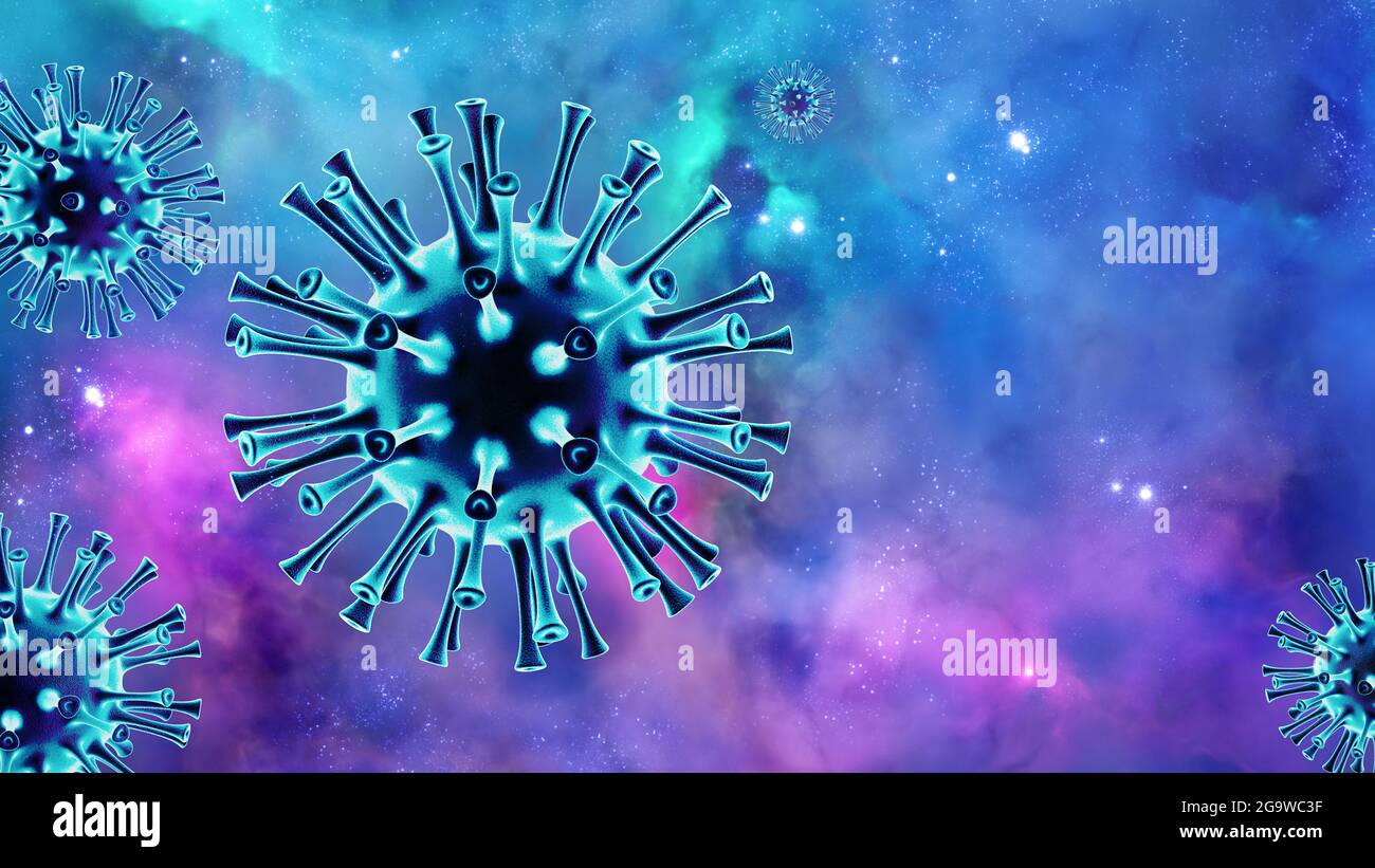 Microscopic view of influenza virus cells. 3D medical illustration ...