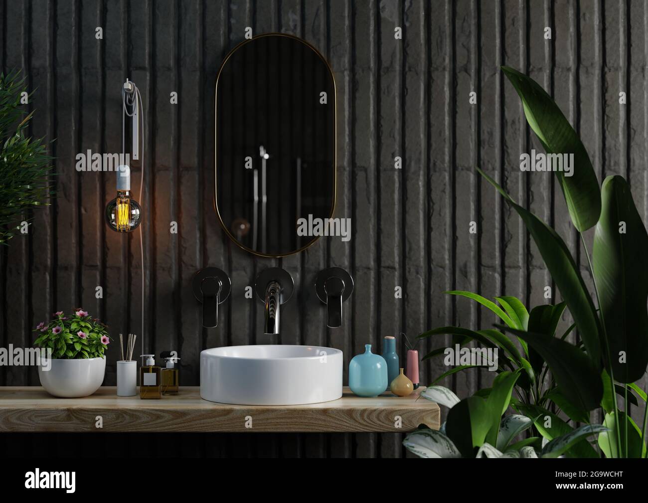 Basin in modern Bathroom interior design on dark color wall,3d ...