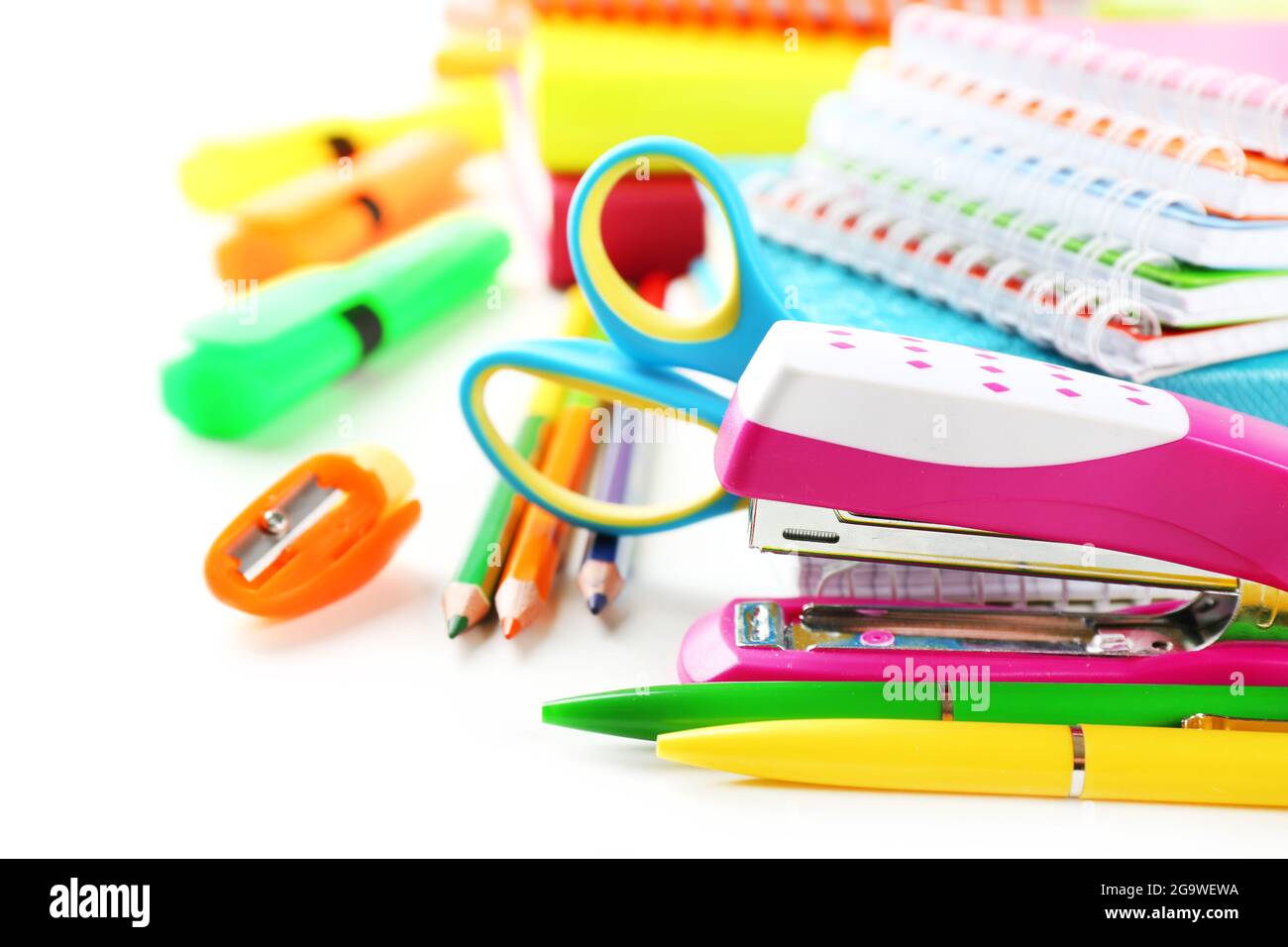 Bright school stationery, isolated on white Stock Photo - Alamy