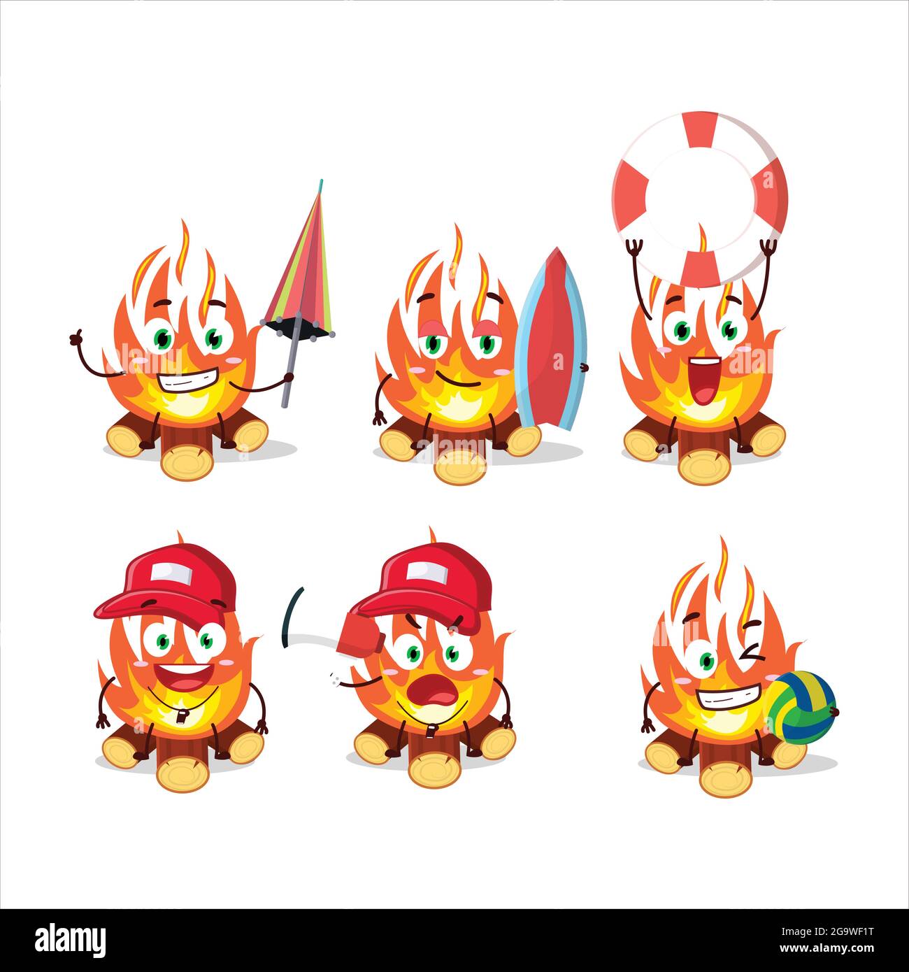 Happy Face bonfire cartoon character playing on a beach. Vector ...