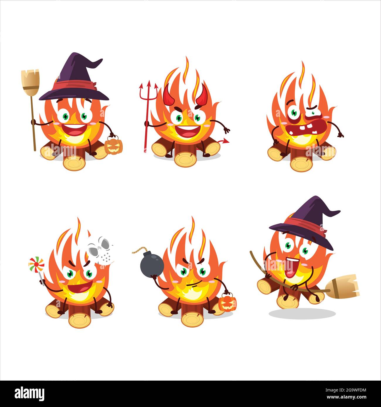 Halloween expression emoticons with cartoon character of bonfire ...