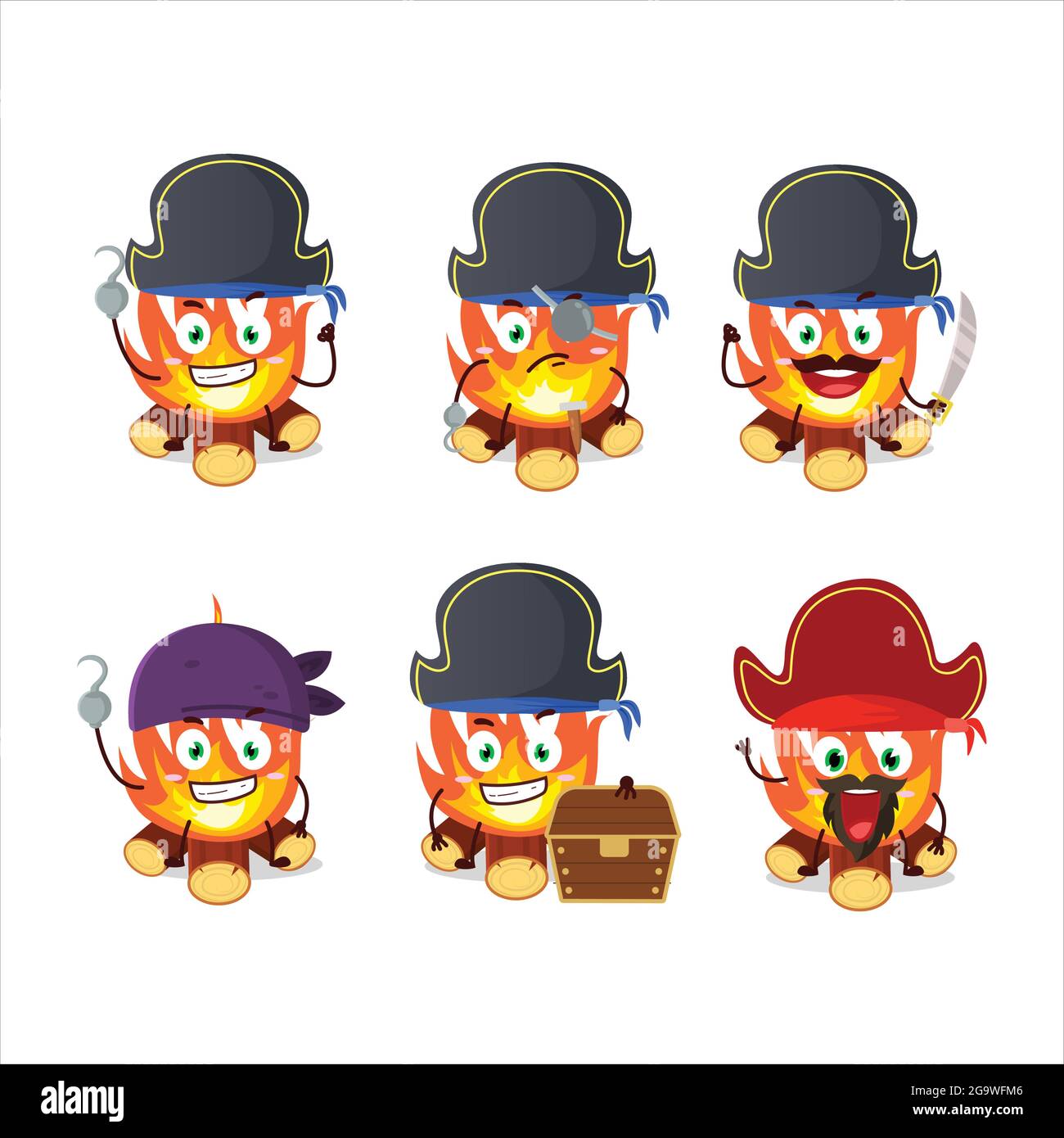 Cartoon character of bonfire with various pirates emoticons. Vector ...