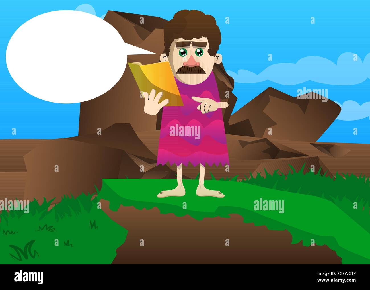Cartoon prehistoric man reading and pointing at an opened book. Vector ...
