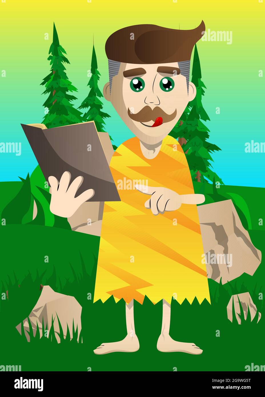 Cartoon prehistoric man reading and pointing at an opened book. Vector ...