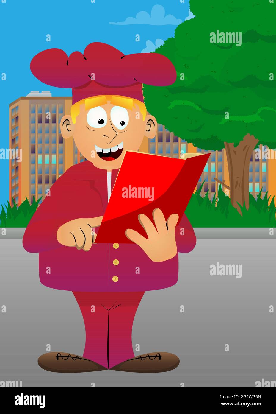 Fat male cartoon chef in uniform reading and pointing at an opened book ...