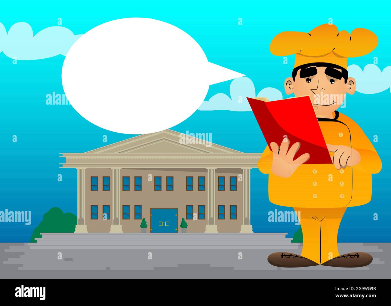 Fat male cartoon chef in uniform reading and pointing at an opened book ...
