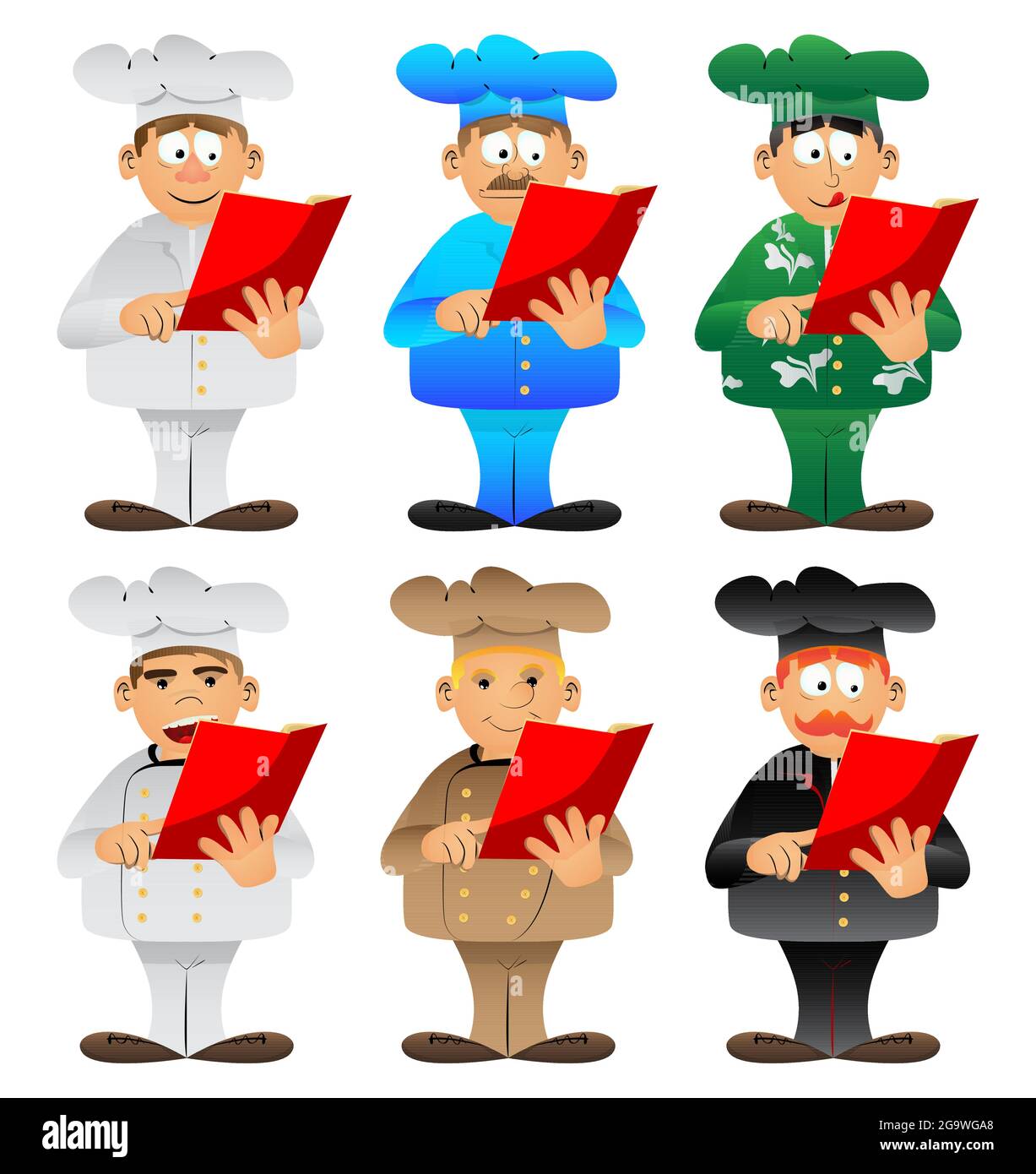 Fat male cartoon chef in uniform reading and pointing at an opened book ...