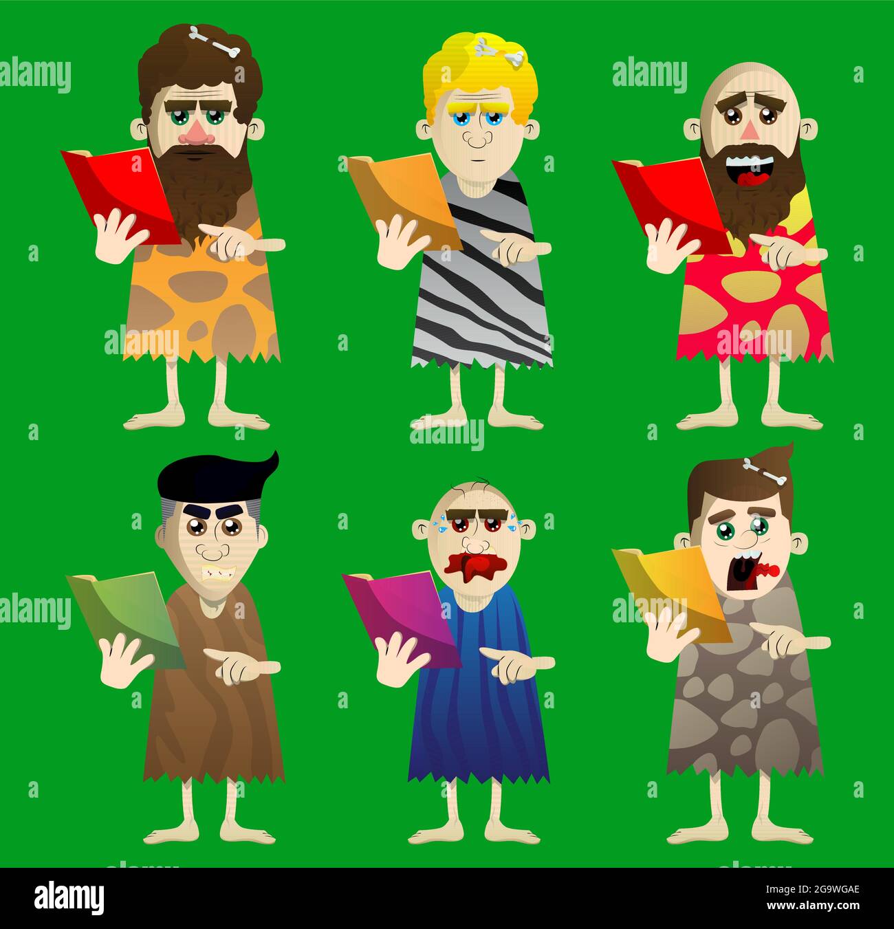 Cartoon prehistoric man reading and pointing at an opened book. Vector ...