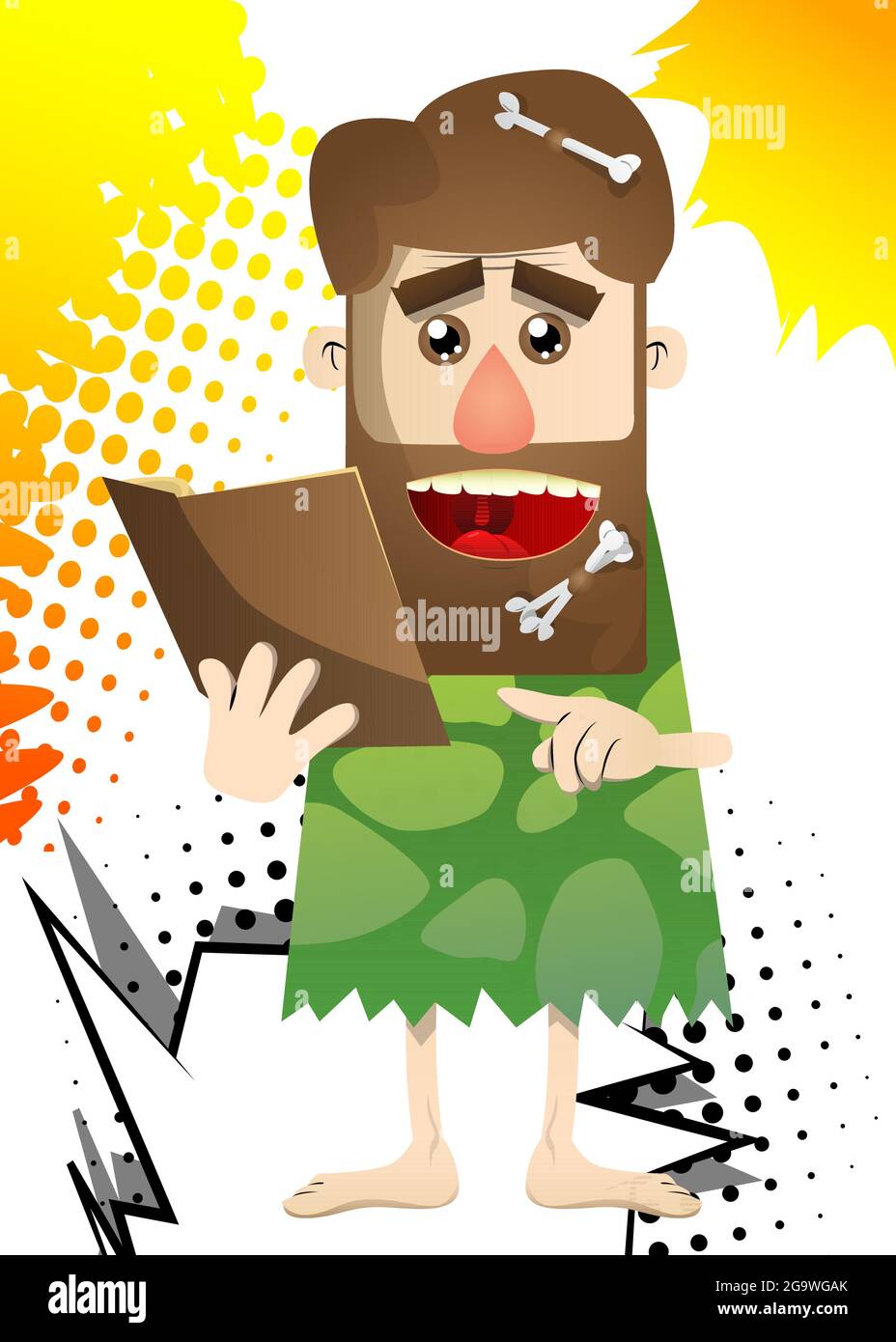 Cartoon prehistoric man reading and pointing at an opened book. Vector ...