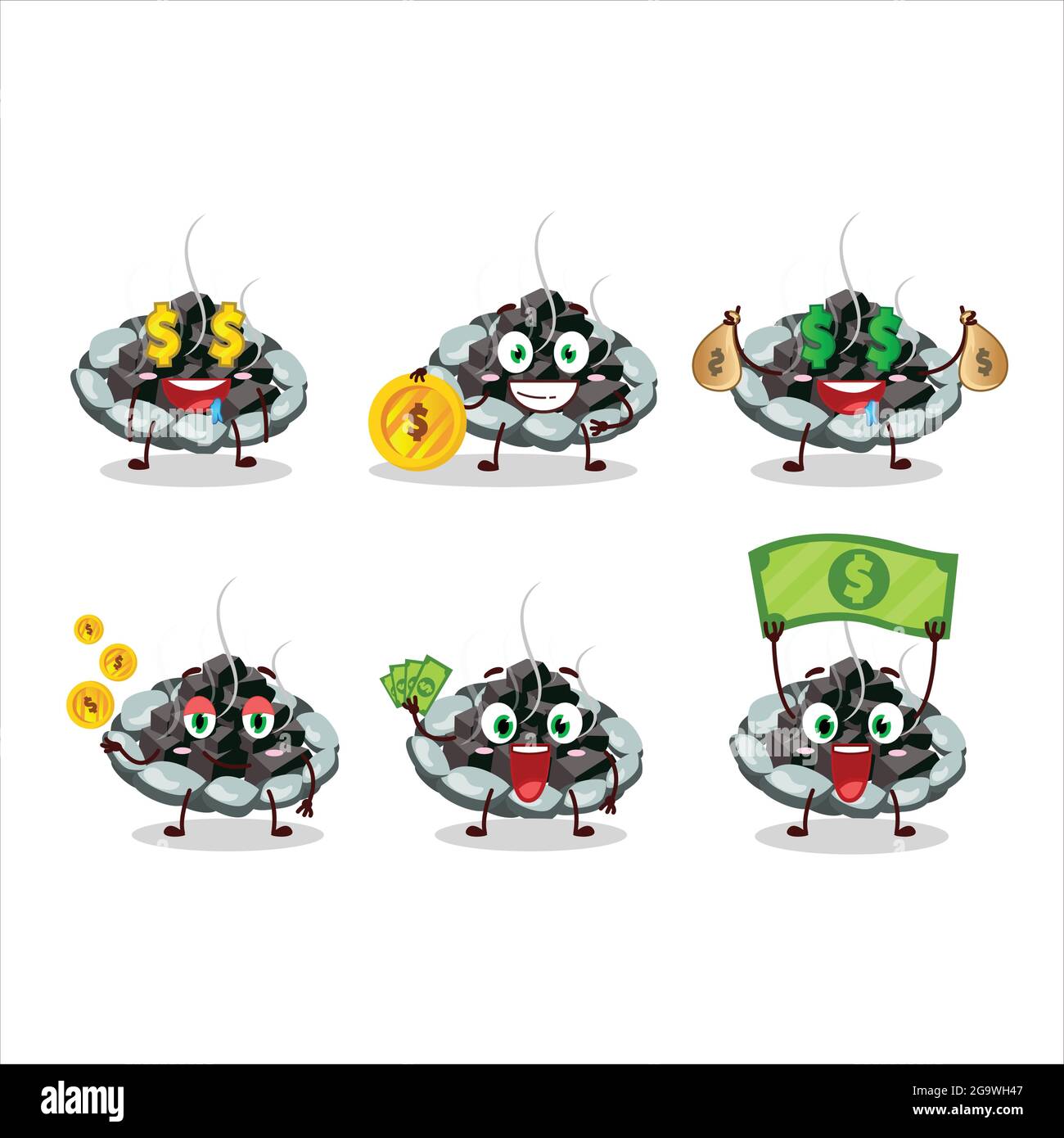 Burning charcoal cartoon character with cute emoticon bring money ...