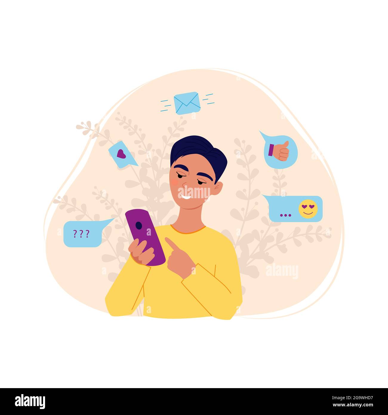 Boy holding smartphone reads message, web communication, vector ...