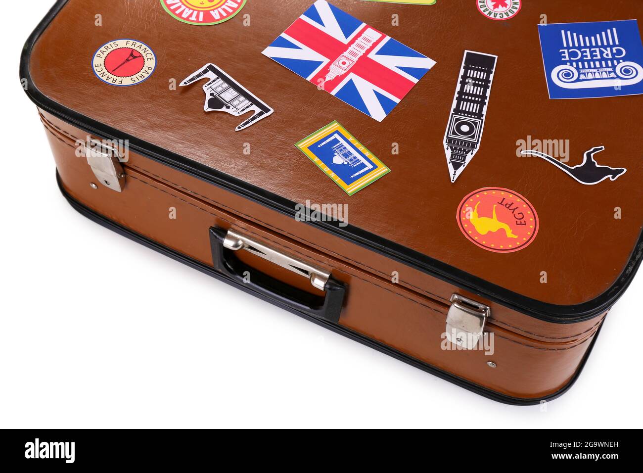 Suitcase with stickers, closeup Stock Photo - Alamy