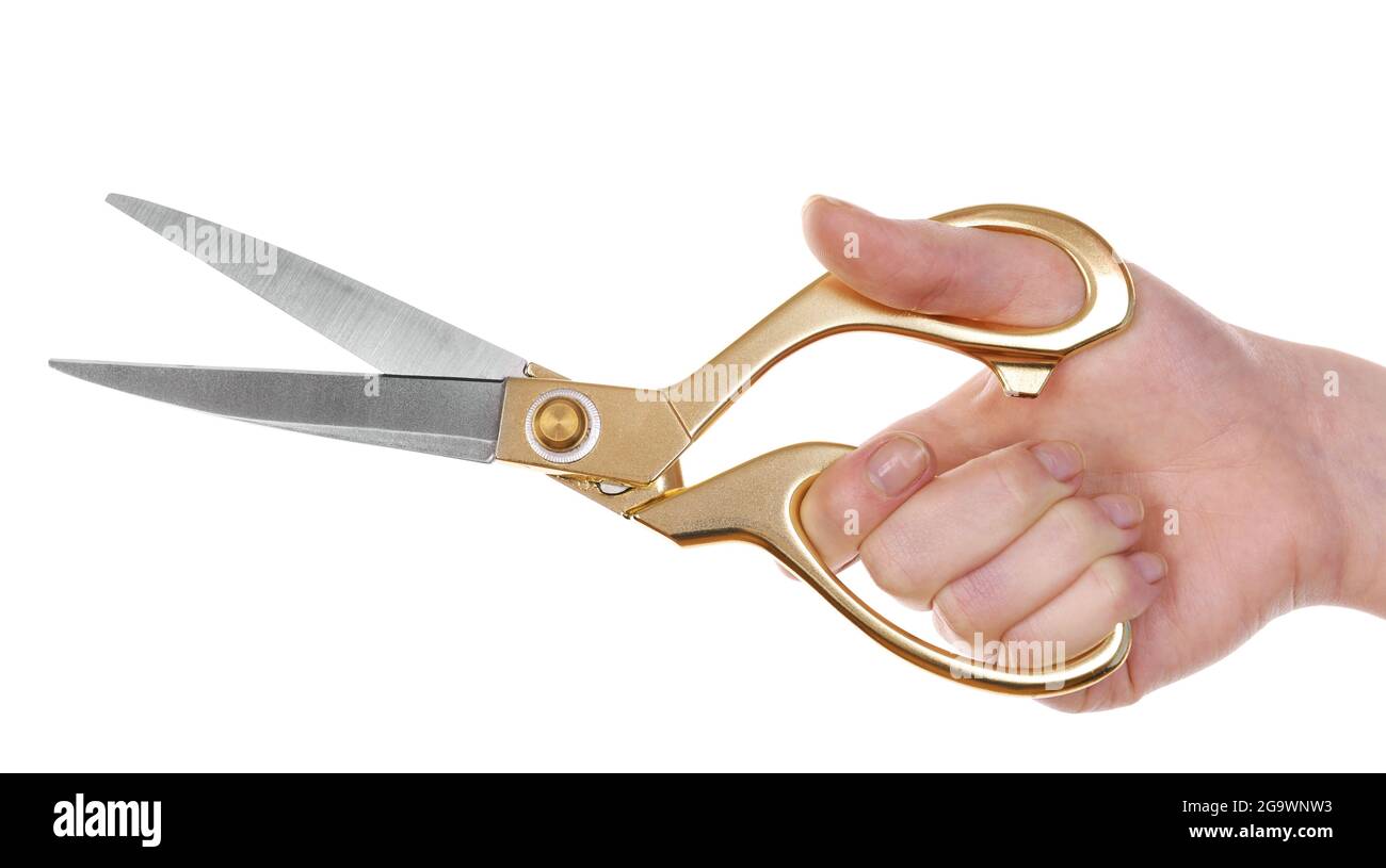 Female hand with scissors isolated on white Stock Photo - Alamy