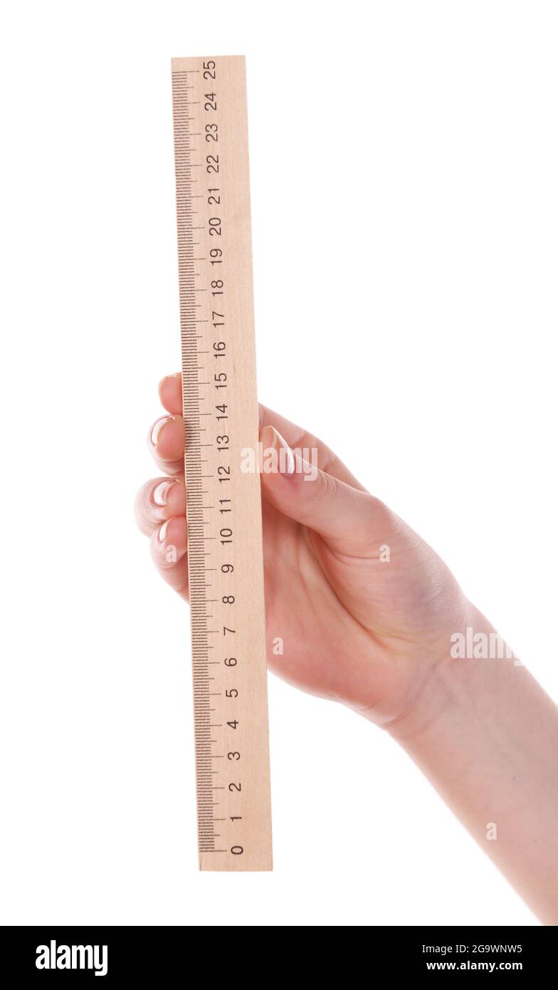 Female hand with wooden ruler isolated on white Stock Photo - Alamy