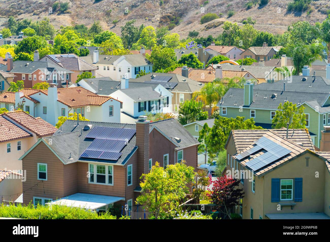Beautiful shot of neat modern buildings in a rural town with solar ...