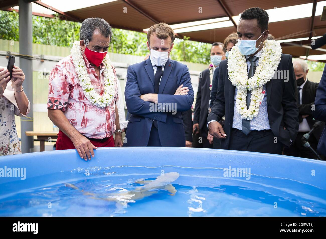 French President Emmanuel Macron (2nd L) looks at a Lemon shark as he ...