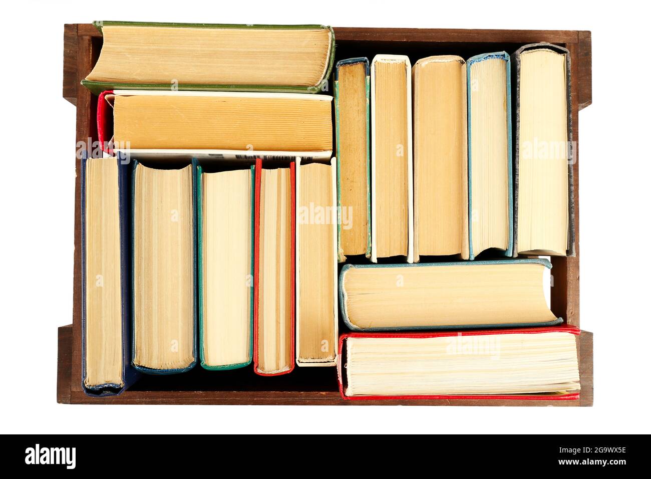 Books in wooden box, top view Stock Photo - Alamy