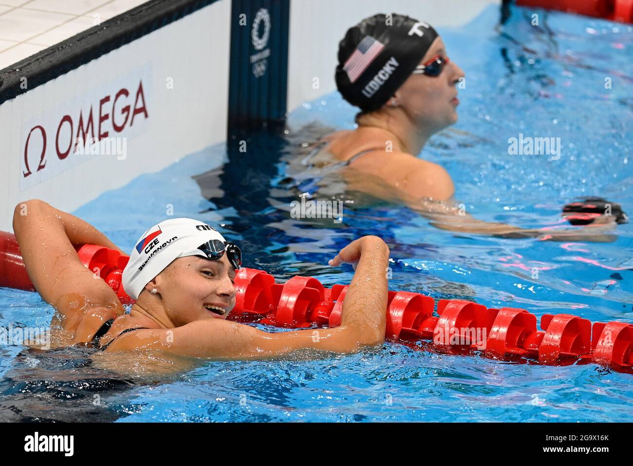 Czech swimmer Barbora Seemanova, left, is seen during women's 200m ...