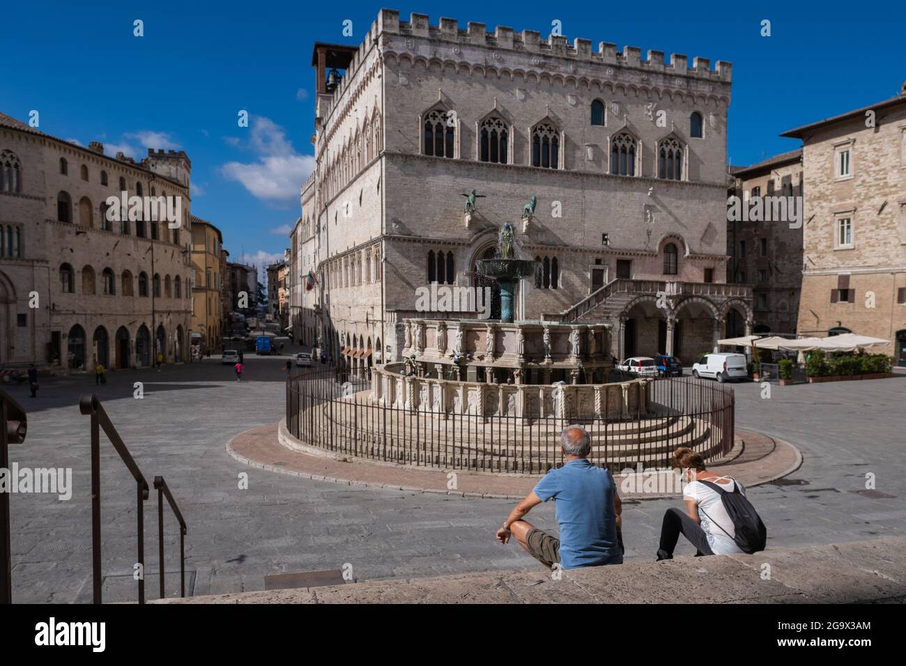 Couple Of Tourists Looking At Main Square City of Perugia Umbria Italy ...