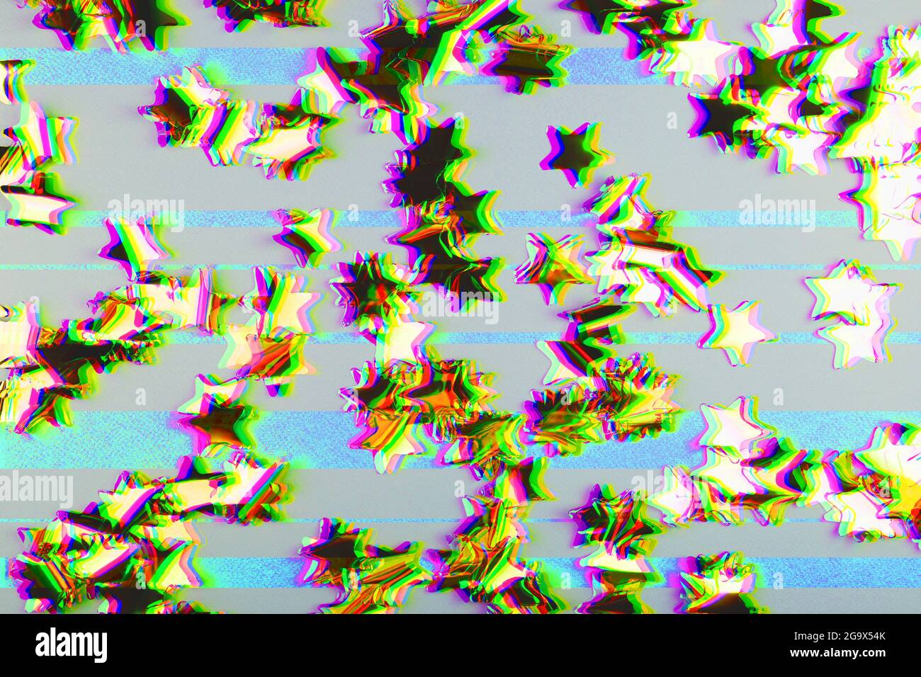 Gold stars confetti festive blue retro background with glitch effect ...