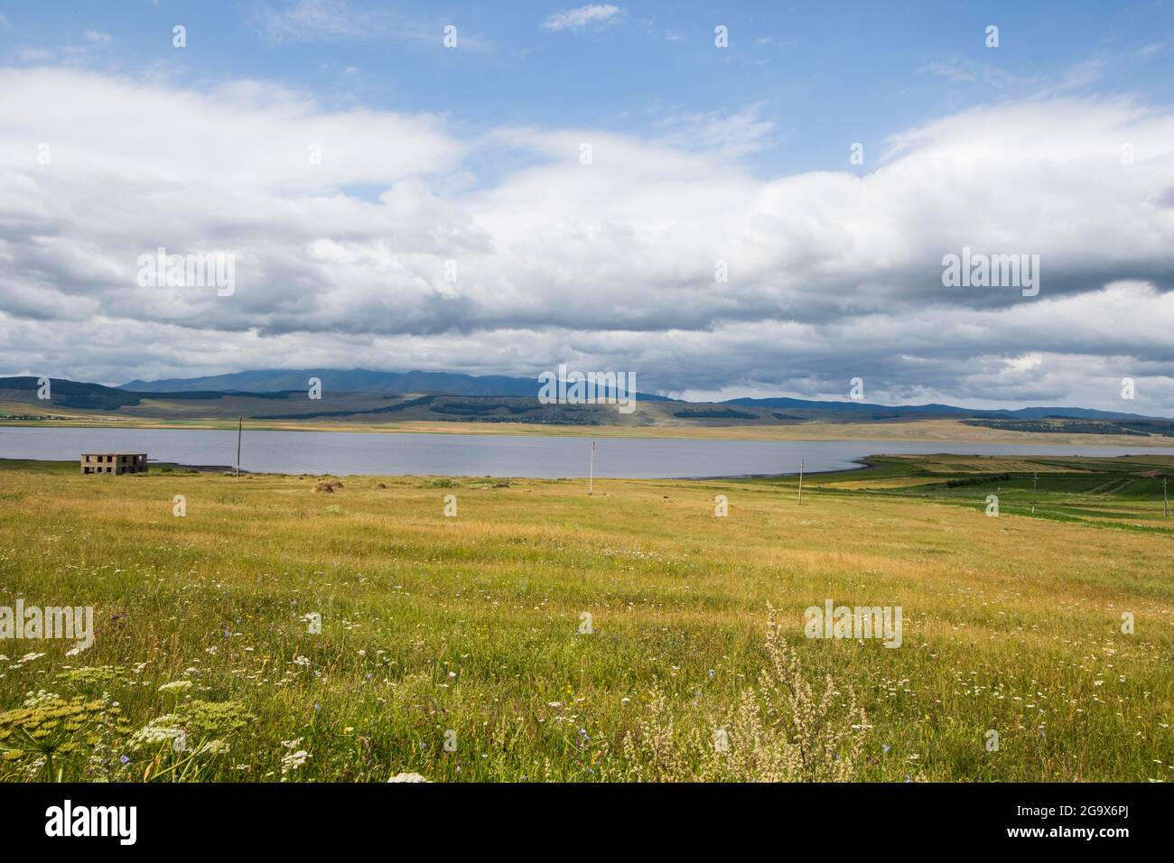 Landscape and view of lake in Tsalka, Georgia. Green field, flowers and ...