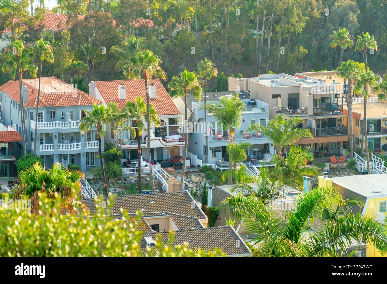 Beautiful aerial shot of a tropical town with luxurious modern houses ...