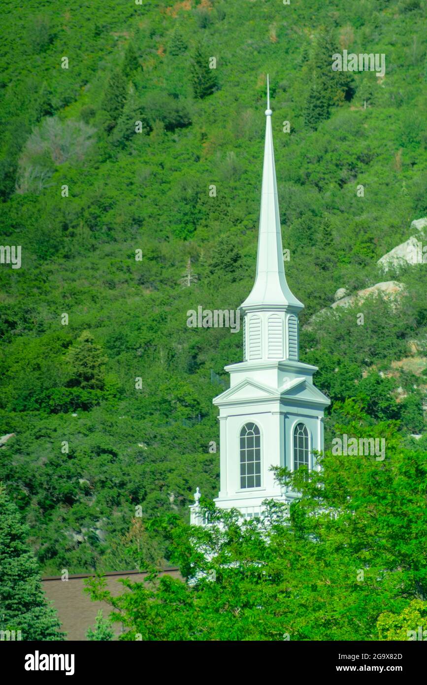 Vertical shot of a white church with a tall spiky roof sticking out ...
