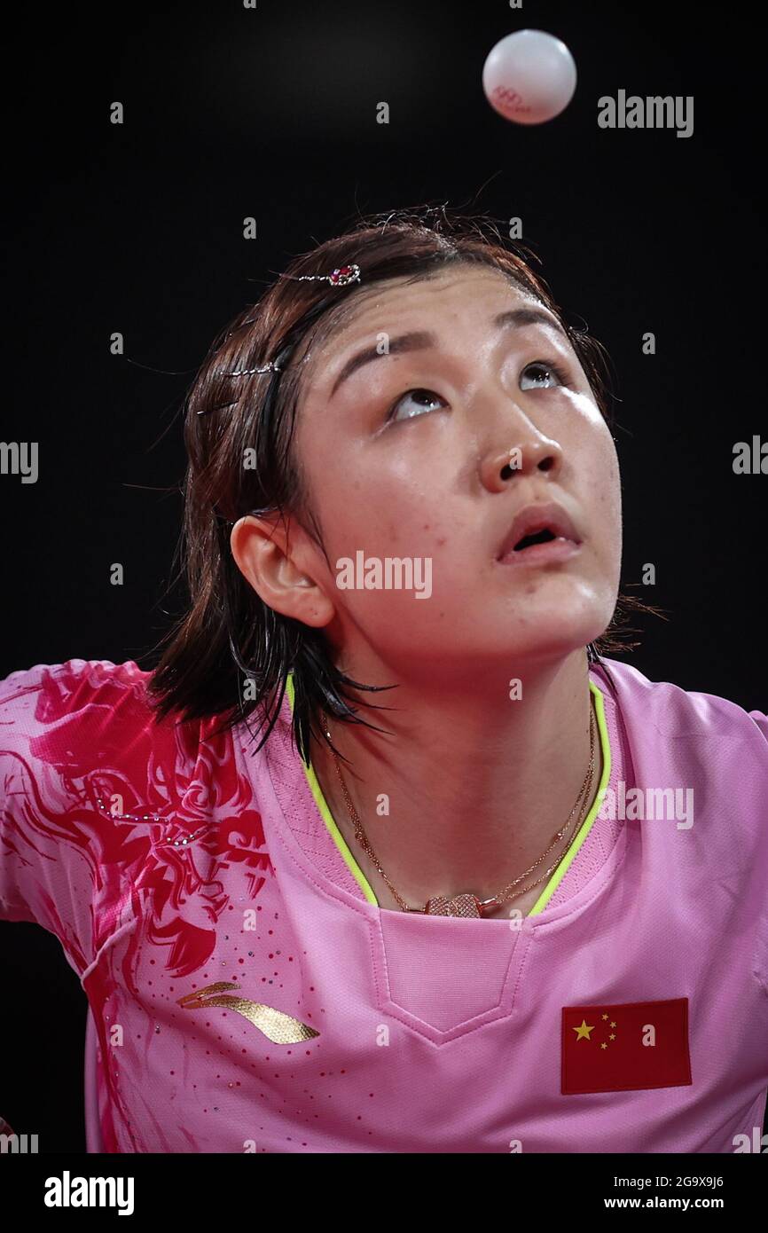 Tokyo, Japan. 28th July, 2021. Chen Meng of China serves during the ...