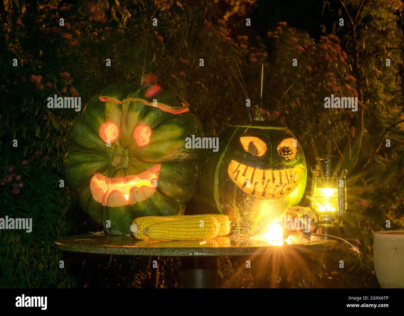 Halloween pumpkin glowing in the dark, pumpkins on the table and ...
