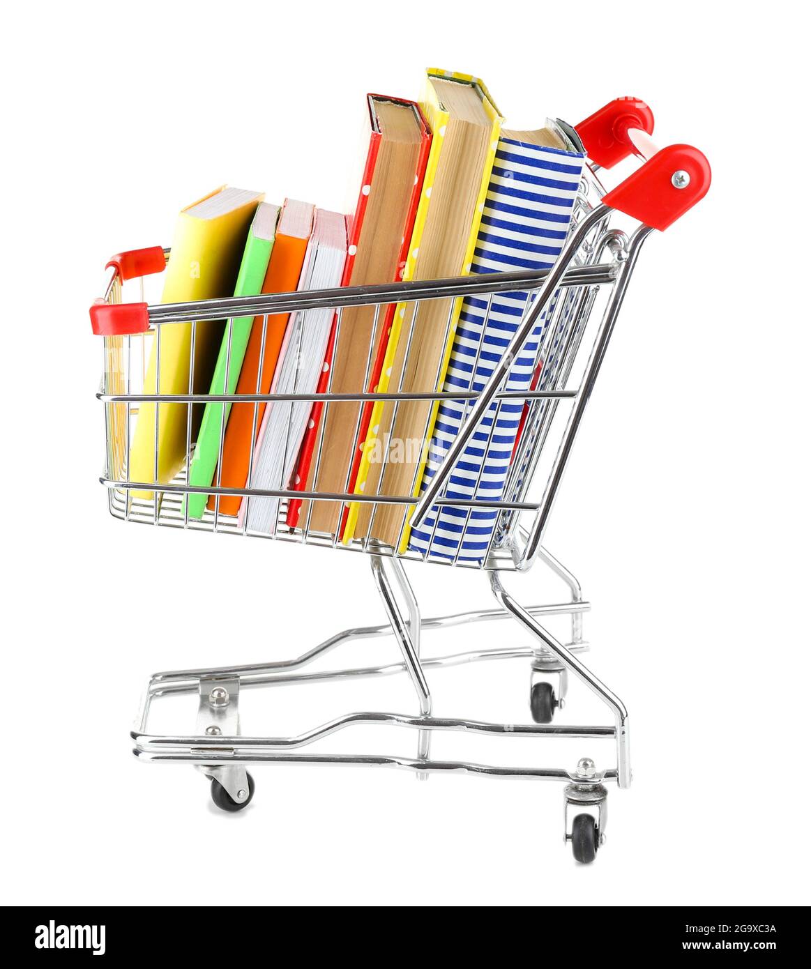 Shopping cart with books isolated on white Stock Photo - Alamy