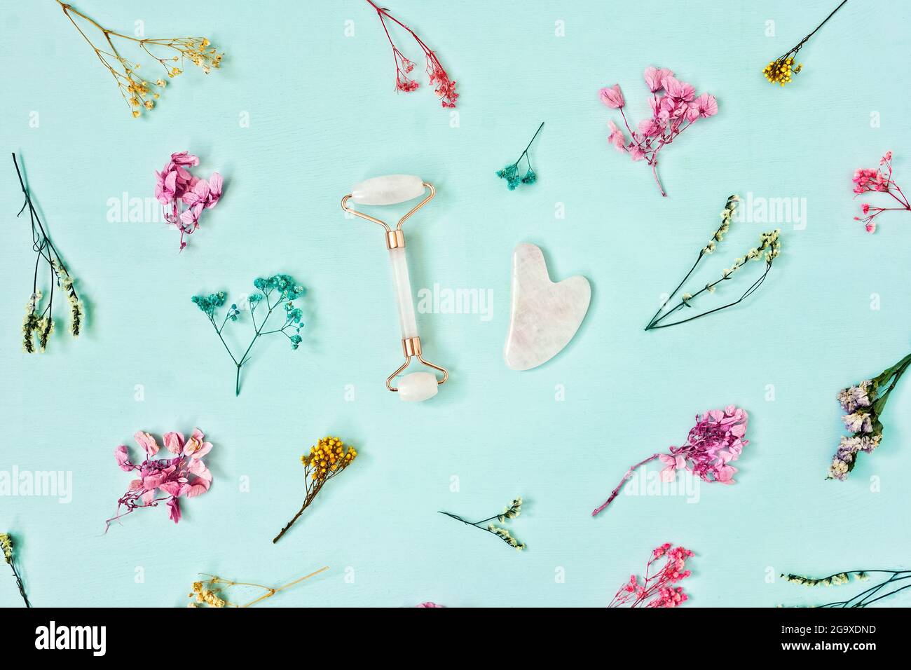 Gua Sha massager and roller from rose quartz on blue background. For ...