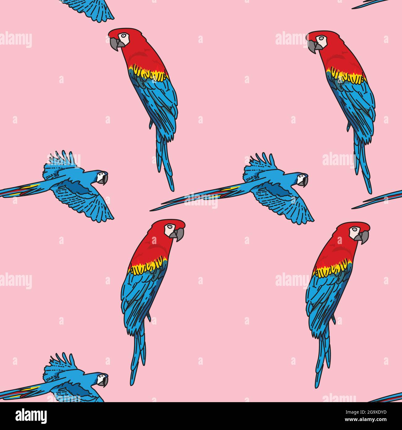 Vector pink background tropical birds, parrots, macaw, exotic cockatoo ...