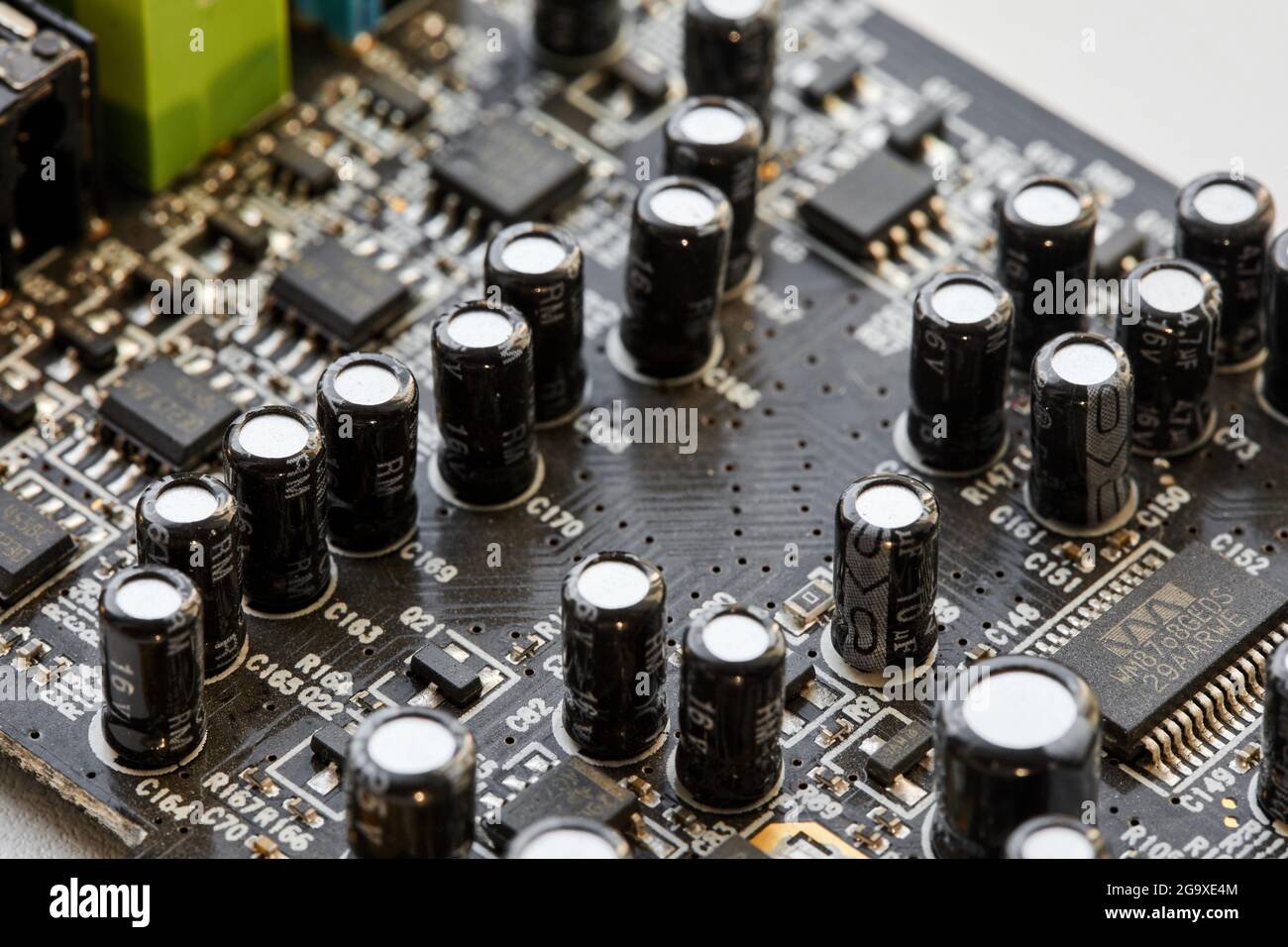 A part of Internal analog sound card. Computer equipment. Close-up ...