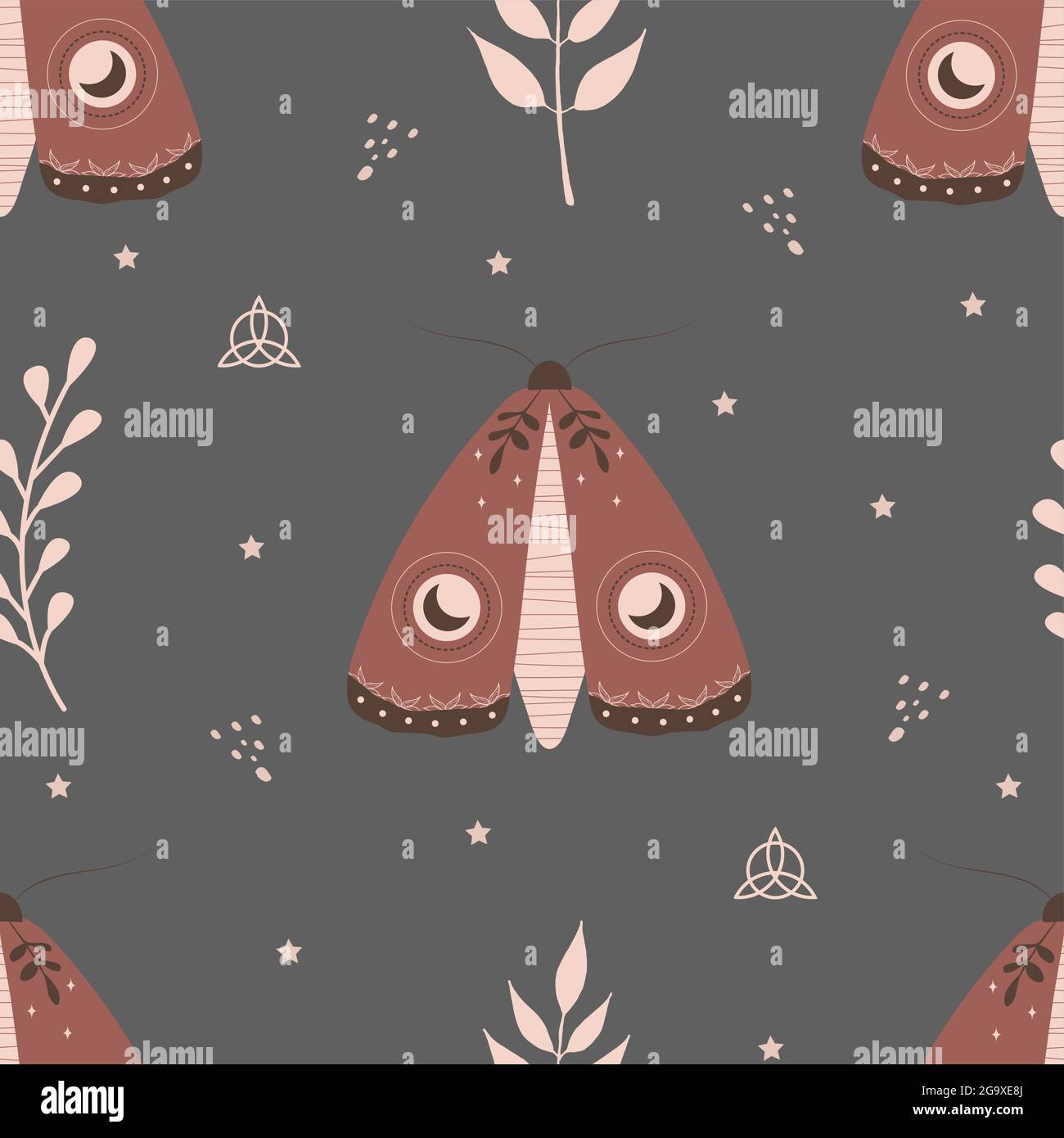 Seamless pattern with boho moth. Insect with celestial elements. Witch ...