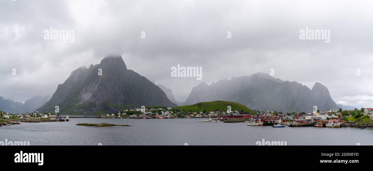Moskenes, Norway - 20 July, 2021: panorama view of the village of ...