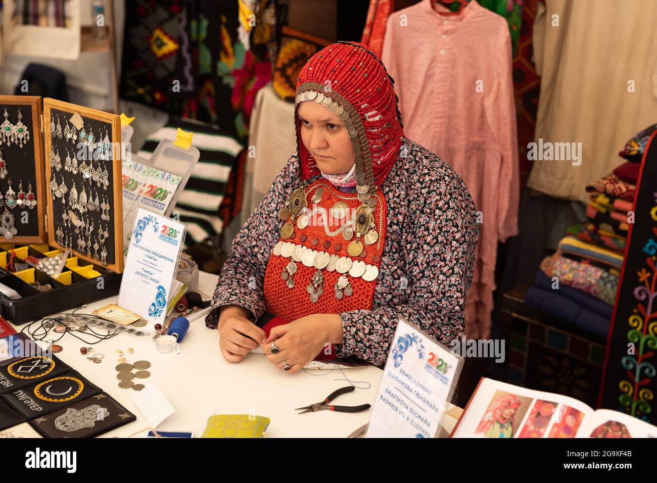 UFA, RUSSIA - JULY 10, 2021: Bashkir woman knitted national clothes ...