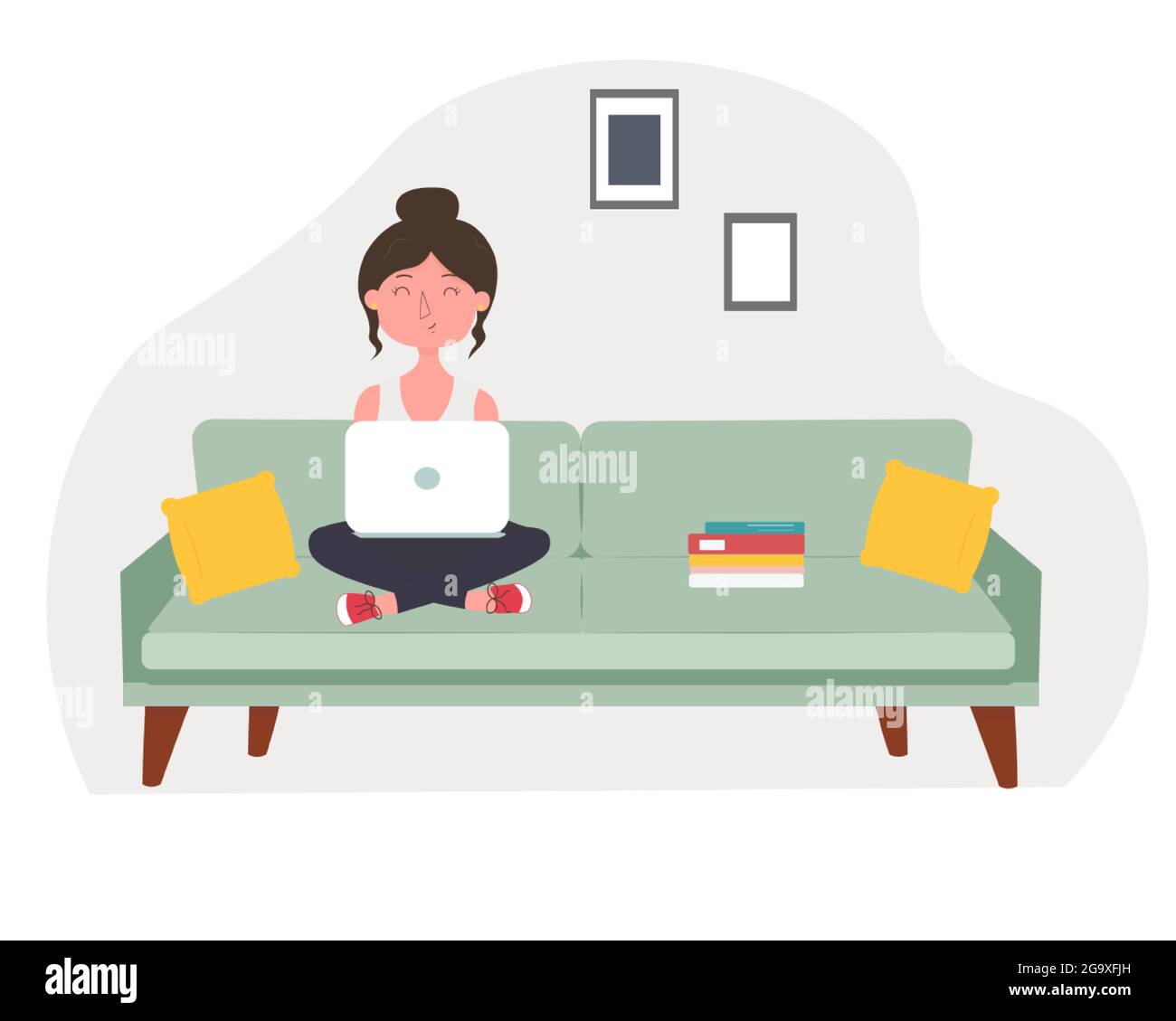 Cartoon girl sitting on the sofa with laptop Stock Vector Image & Art ...