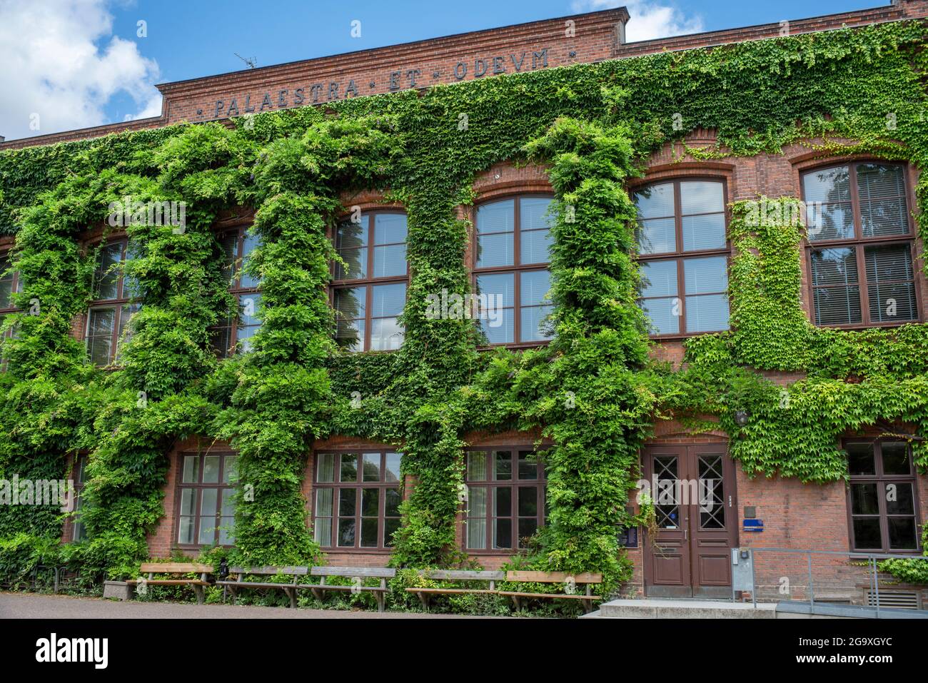 Lund University Plaza with fountain and Palaestra et odeum in Lund ...